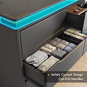 Fameill Black Dresser for Bedroom, 6 Drawer Dresser with LED Lights, Modern Dresser Organizer with Charging Station, Double Wide Chest of Drawers for Living Room, Entryway