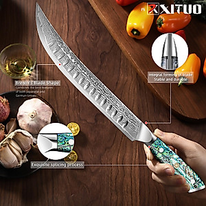 XT XITUO Butcher Knife – 10″ Cimitar & Breaking Knife Knife – Japanese VG-10 Damascus Steel – Full Tang & Razor Sharp – Ergonomic Abalone Shell Handle Design -Dazzling Series
