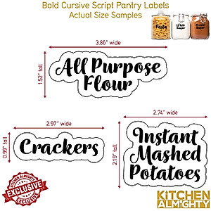 Pantry Labels: 377 Bold Cursive Gloss Clear Preprinted Water Resistant Complete Label Set to Organize Storage Containers, Jars & Canisters w/ a Extra Write-on Sticker