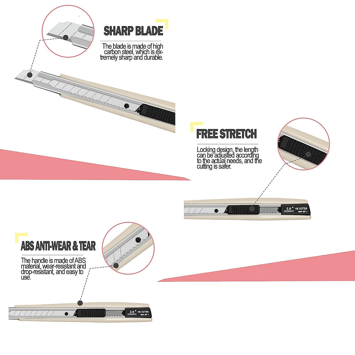 AHCHAY 2pcs Utility Knife 9mm 60 Degree Foil Blade Cutter Snap Off Retractable Wrap Gift Box Paper Wallpaper Craft Abs Anti-slip Handle Auto Lock Cutter