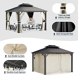 UDPATIO 10' x 12' Hardtop Gazebo, Outdoor Aluminum Gazebo with Galvanized Steel Double Roof, Permanent Metal Canopy with Curtains and Netting for Patio, Garden, Lawn, Backyard, Deck, Beige