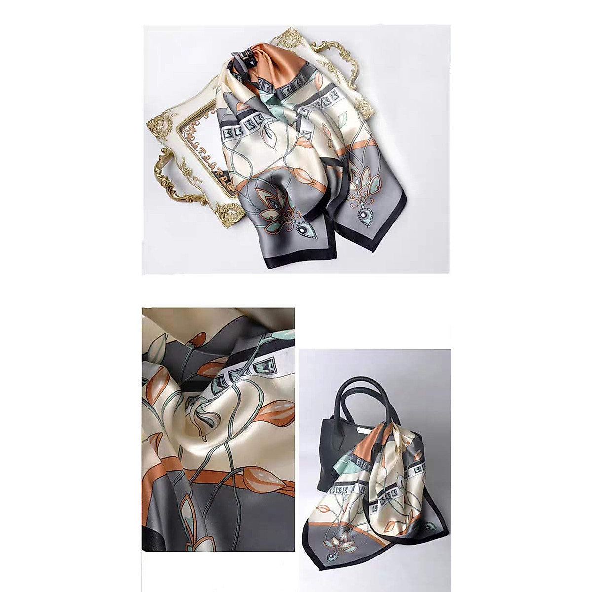 ANDANTINO 100% Pure Mulberry Silk Scarf for Hair-27''x27''- Women Men Neck Scarves- Digital Printed Headscarf(Pink & Light Gray)