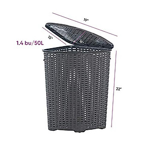 Corner Laundry Hamper Basket with Lid 50 Liter - Brown Wicker Hamper, Durable, Lightweight Bin with Cutout Handles - Storage Dirty Cloths Curved Shape Design Fits Bathroom, Door, Closet. By Superio