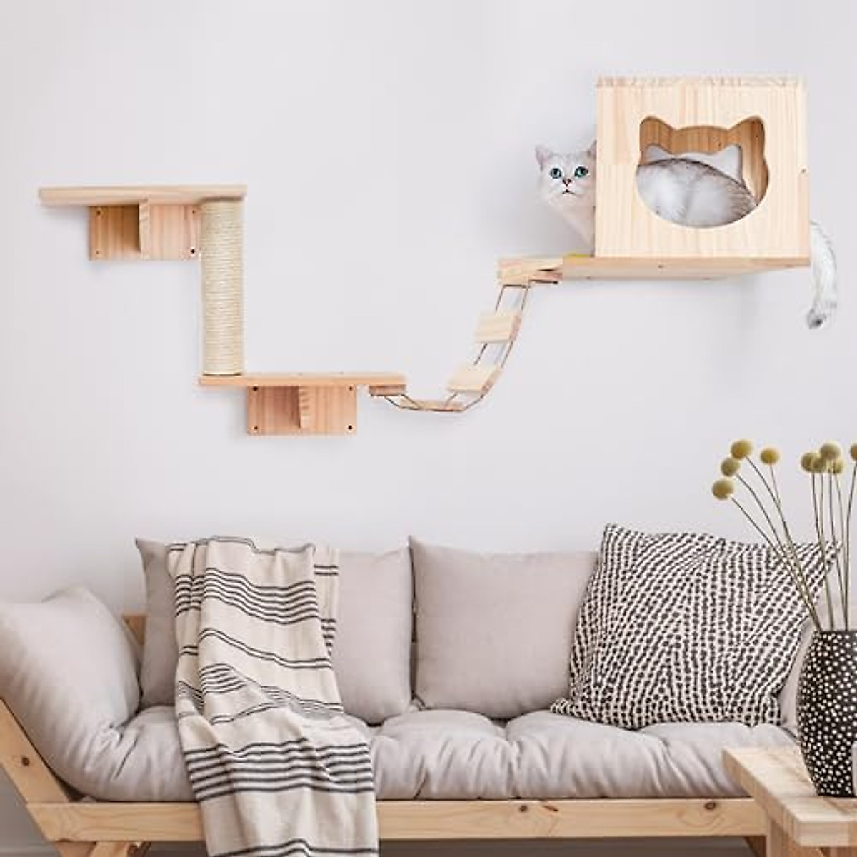 Cat Wall Shelves, Cat Shelves and Perches for Wall, Cat Wall Furniture Set 5 PCS Cat Wall Mounted with 1 Cat Condos House, 2 Cat Wall Shelves, 1 Cat Sisal Scratching Post, 1 Ladder