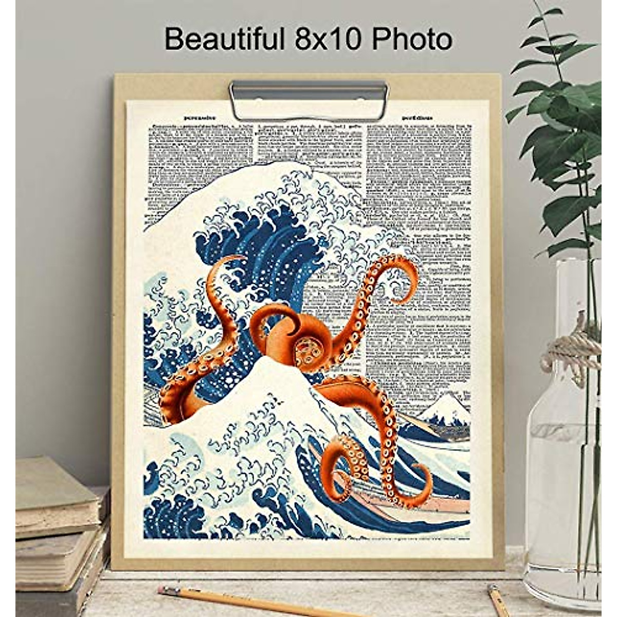 Japanese Kanagawa Wave Octopus Dictionary Wall Art Decor - Retro 8x10 Upcycled Home Decoration for Office, Apartment, Beach House, Living Room, Bedroom, Bathroom - Gift for Steampunk, Goth, Ocean Fans