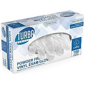 Disposable Vinyl Gloves, 100 Size Large Non Sterile, Powder Free, Latex Free - Examination Gloves, Cleaning Supplies, Kitchen and Food Safe - Ambidextrous - by Turba