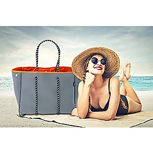 QOGiR Neoprene Multipurpose Beach Bag Tote with Inner Zipper Pocket (Grey, Large)