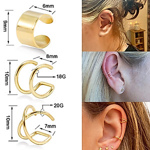 DAILI Gold Cuff Earrings for Women, Trendy Cute Ear Cuff Set Non Piercing Fake Helix Cartilage Huggie Cross Cuff Earrings, 14K Gold Plated Hypoallergenic Simple Double Lines Ear Cuff Earrings (6pcs) (Gold - 6pcs)