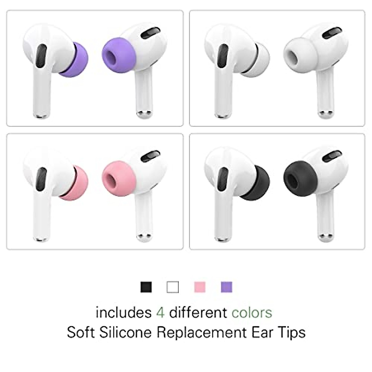 [4-Pairs] Ear Tips for Airpods Pro & Airpods Pro 2nd Generation Ear Tips (Silicone), WQNIDE Anti Slip Soft Silicone Airpods Pro Replacement Ear Tips Fit in The Charging Case (Black/White/Pink/Purple)
