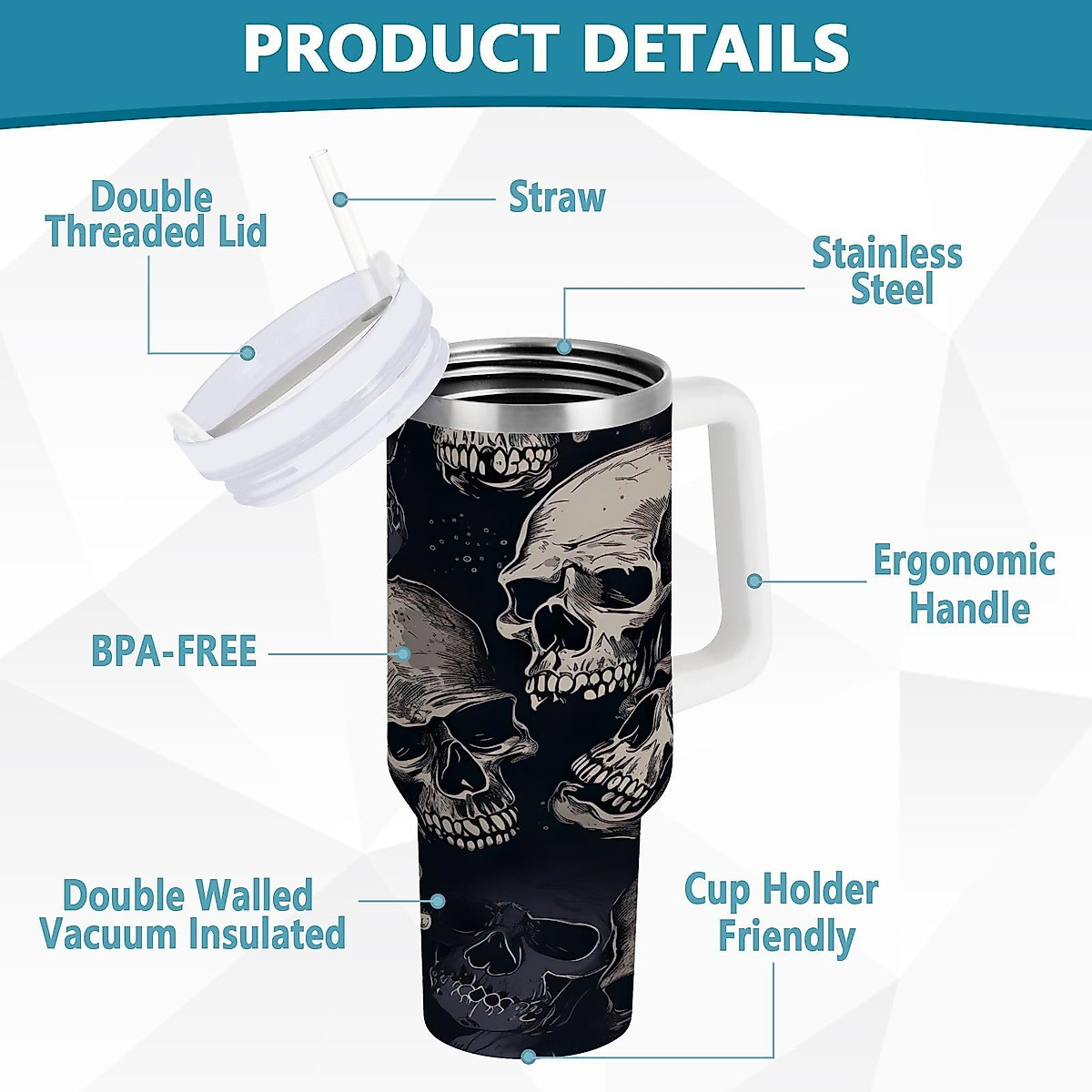 Nesatuwa 40 oz Gray Skull Tumbler with Handle and Straw Lid,Reusable Stainless Steel Vacuum Insulated Tumbler Leakproof Travel Coffee Mug for Iced and Hot Beverages