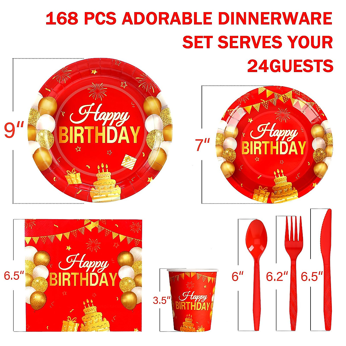 168 Pcs Red and Gold Party Supplies Tableware Set Happy Birthday Plates, Knife,Forks,Spoons, Cups and Napkins Table Decorations for Women Girls Birthday Party Decorations, 24 Guests