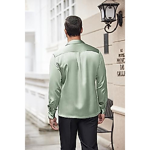 COOFANDY Button Down Shirts for Men Satin Silk Luxury Long Sleeve Shirt Party Wedding Prom (Light Green, Large)