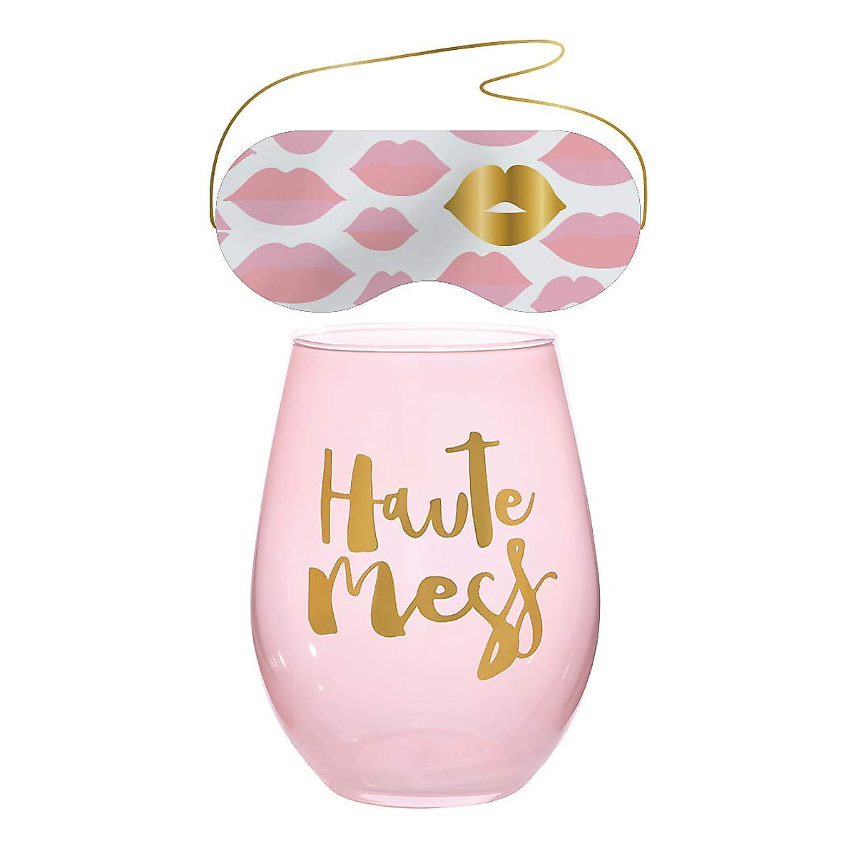 slant collections Creative Brands 2-Piece Wine Glass and Eye Mask Set, 20-Ounce, Haute Mess