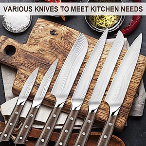 21 Packs Knife Set with Block, 2023 Kitchen Knife Set Sharpener Rod & Finger Guard, Germany High Carbon Stainless Steel Chef Knife Block Set, Ultra Sharp Forged, Brown