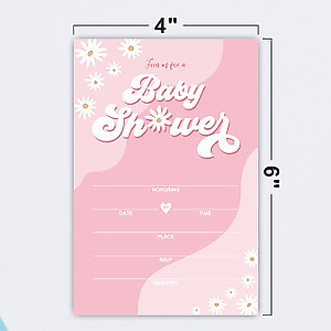 Set of 25 Baby Shower Invitations with Envelopes, Diaper Raffle Tickets and Baby Shower Book Request Cards, Retro Bohemian Hippie Vibes Daisy Theme Gender Reveal Party For Boys or Girls(YQKTZ-A08)