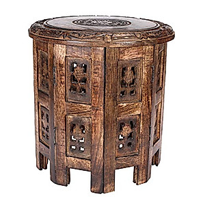 Hand Carved Solid Wooden End Table, Side Table, Entryway Table, Side Tables for Small Spaces, Wooden End Table, Bedside Table, Octagonal Wooden Table- 12 Inch Round Top x 12 Inch High- Natural Burnt
