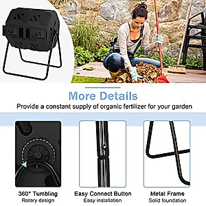 43 Gallon Compost Bin with Dual Chamber Sliding Doors, Outdoor 360° Tumbling Rotating Composting Bins Solid Steel Frame Gardening Compost Tumbler Bucket Trash Can for Patio Yard Waster, Black Door