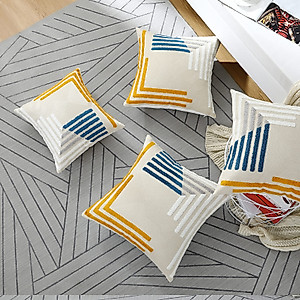 Oirpro Boho Throw Pillow Covers 18x18 Set of 2 Neutral Accent Modern Farmhouse Blue and Yellow Pillow Covers with Embroidered Geometric Pattern Decorative for Couch Bed Living Room Outdoor