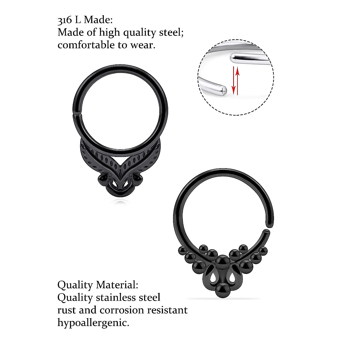 8Pcs 20G Nose Rings Hoop Chain Piercing Surgical Steel Fake Faux Nose Septum Ring Jewelry for Women Crystal Leaf Butterfly Rook Helix Cartilage Daith Piercing Jewelry,Black Nose Clip 8mm Cuffs