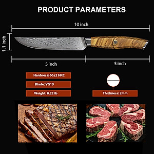 Steak Knives Set of 6, Super Sharp 5" Non-serrated Japanese Damascus Steel Steak Knife with Full-Tang Ergonomic Olive Wood Handle