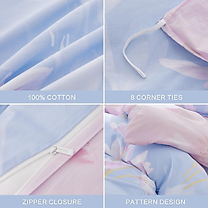 SAPHREAS Queen Size Floral Duvet Cover Set 3pcs Cotton Blue Pink Orchid Flower Printed Bedding Comforter Cover Set 100% Cotton 1 Quilt Cover 90"x90" 2 Pillow Shams(No Comforter)