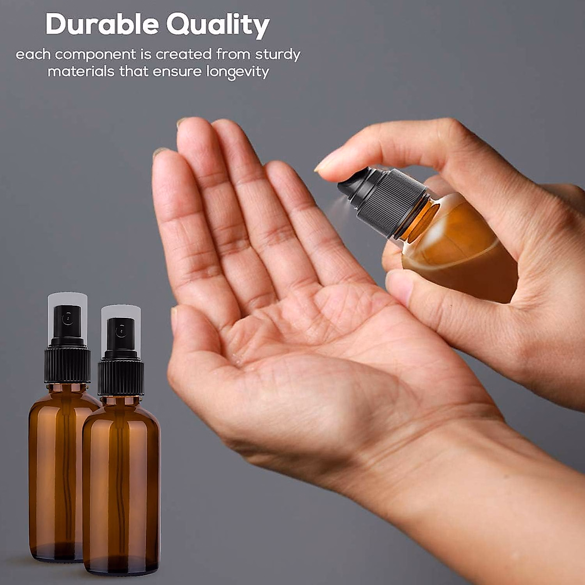 Nylea Small Glass Spray Bottles for Oil, Hair, Plants Water 2 oz | Empty Fine Mist and Refillable Mister Amber Mini Travel Size Bottle for Cleaning Solutions, Essential Oil Sprayer and Nozzle - 2 Pack