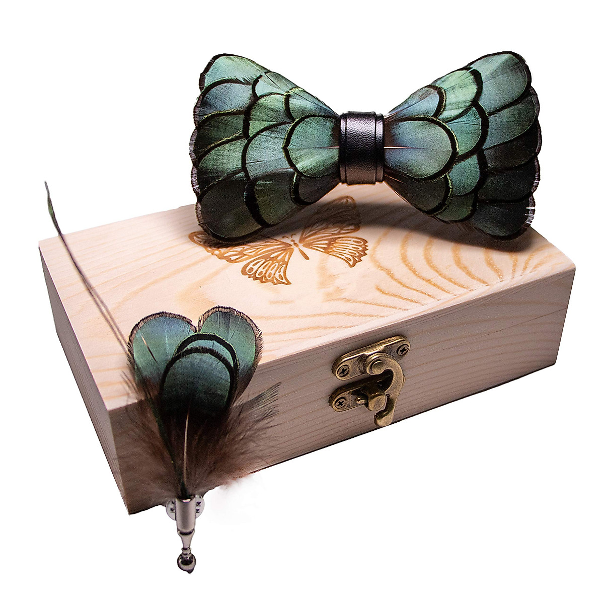 RBOCOTT Green Feather Pre-tied Bow tie Leather Bowtie and Brooch Sets for Men(6)