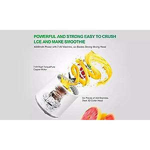 Smart Portable Blender - 17Oz Personal Blender for Smoothies and Shakes| 4000mAh Rechargeable USB Blender with 6 Blades| Blender for Sports ,Travel,Gym ,Fruit Juice Mixer, Home, Office, and Outdoors (White)