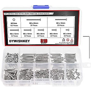 DYWISHKEY 310 Pieces M2 x 4mm/6mm/8mm/10mm/12mm/16mm/20mm, Stainless Steel 304 Hex Button Head Cap Bolts Screws Nuts Kit with Hex Wrench