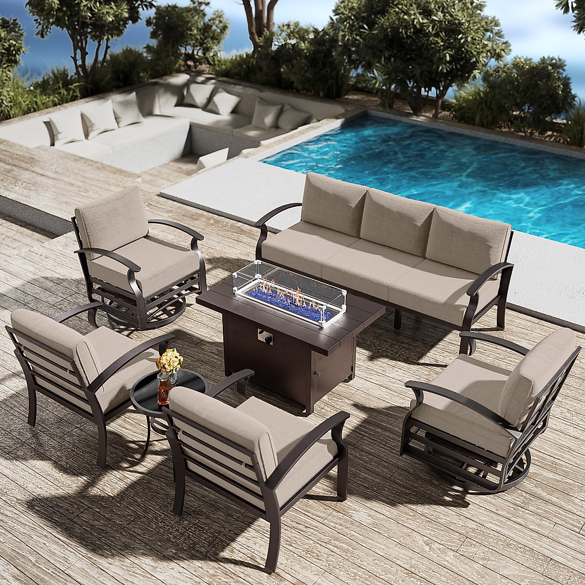 ASJMR Patio Furniture Set 7-piece aluminum armrest sofa, modern outdoor living room set with 55000 BTU propane aluminum fireplace, outdoor rotary joystick with thick cushion - （Brown）