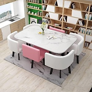 MAxba Office Conference Reception Table Rectangle Dining Table and 6 Chairs Meeting Seminar Table Space Saving Negotiation Table, PU Chair Surface (Color : Pink)