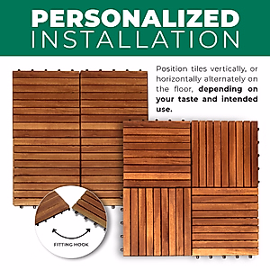 Solid Wood Interlocking Flooring Tiles (Pack of 10, 12" x 12"), Solid Wood Deck Tiles Interlocking, Patio Tiles Outdoor Interlocking Waterproof All Weather (12, 9 Slat)