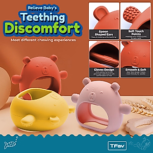 TFav Baby Bear Teether for Babies -3 pcs Pink, Yellow & Red -Silicone Mitten teether for 3 Months+ Boys & Girls -Hand Pacifier That Fits on Fist -Calm Down The Fussy Baby Calm Down Fussy Baby