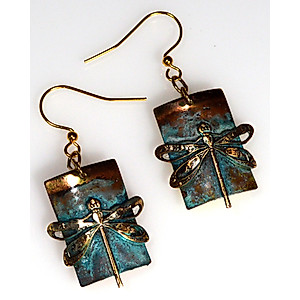 Elaine Coyne Verdigris Patina Solid Brass Dragonfly on Rectangle Dangle Earrings