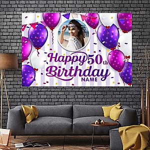Custom Happy 50th Birthday Decoration Banner - Personalization Available, Purple, Large Size - Custom Photos and Names
