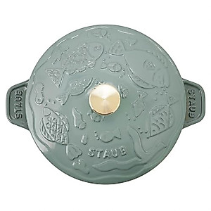 [STAUB x minä perhonen] staub hotplate ocean round 7.9 inches (20 cm) eucalyptus brass knob specification mina perhonen both hands cast enamel shallow type induction compatible [Japan official sale]