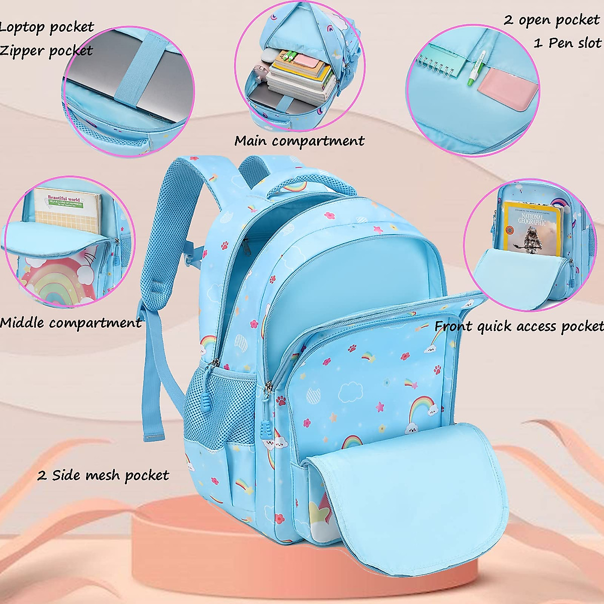 Jumpopack Unicorn Backpack for Girls School Backpacks for Elementary Girls Backpack with Lunch Box Lightweight Water Resistance School Bag Preschool Kids Bookbag,Unicorn Cat