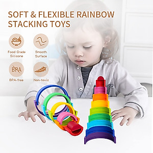 Youuys Silicone Rainbow Stacking Toy - 10 Pcs Rainbow Stacker Building Blocks Montessori Toys for Toddlers