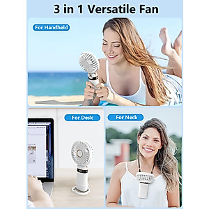 Sida-Earcy Portable Handheld Fan, Powerful Personal Fan with Base 5 Adjustable Speed USB Rechargeable Battery Operated Cooling for Women Girl Travel Office (White)