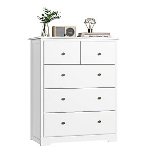HOUSUIT Dresser with 5 Drawers, Tall Dresser Chest of Drawers, 5 Drawer Dresser with Deep Space, Wood Dresser Storage Cabinet for Living Room, Hallway, Entryway, Office, White