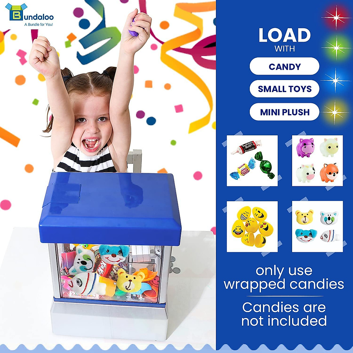 Bundaloo Claw Machine Arcade Game - Electronic Mini Candy and Toy Grabber Dispenser for Kids - with Lights Sound & 4 Mini Plush Animals (Blue)
