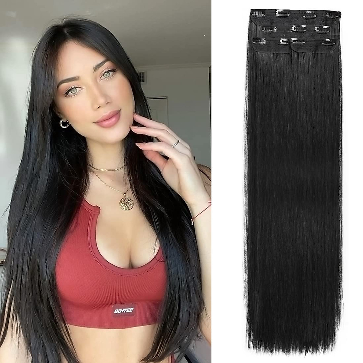 DOCUTE Natural Black Clip in Hair Extensions Black Women 4 Pieces, Full Head Long Straight Hair Extensions Clip ins Double Weft Thick Hair Extensions Hair Classic Pieces (26", Natural Black)
