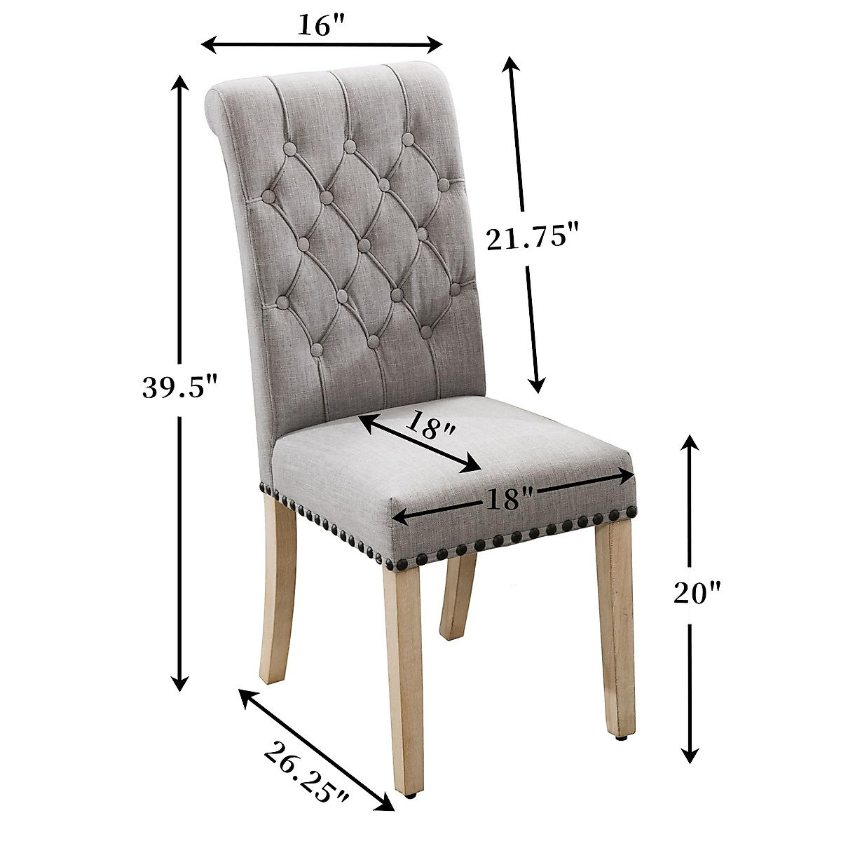 Restworld Fabric Dining Chairs Set of 2,Tufted Upholstered High Back Nailed Trim with Untique Oak Wood Legs for Kitchen Restaurant Room