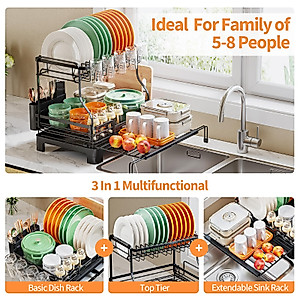 Urackify Extendable Dish Drying Rack, 2-Tier Dish Rack for Kitchen Counter, Large Expandable Dish Drainer Over Sink, 3 in 1 Multifunction Dish Strainer with Drainboard & Cups Holder, Black