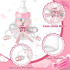 Nuenen 48 Pcs Baby Shower Bottles Baby Shower Mini Milk Bottle Baby Bottles Mini Baby Bottles for Baby Shower Plastic Bear Candy Bottles with Ribbon for Baby Shower Favor Gift(Pink)