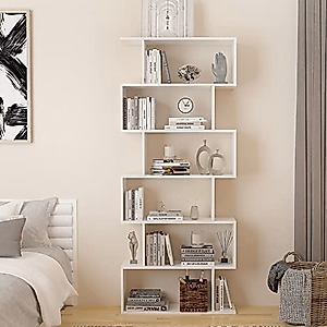 Boloni Geometric Bookcase with 2 Bookends, 6 Tier Modern Bookshelf, 76in Tall White Bookshelf, Freestanding Lego Display Shelves