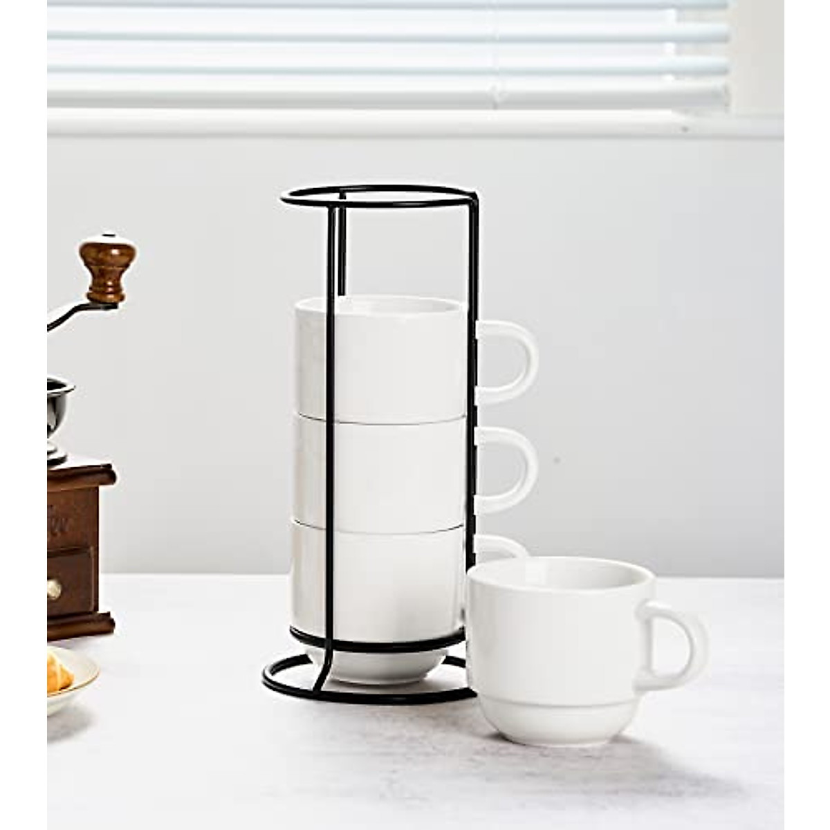 YHOSSEUN Porcelain Coffee Mug Set With Metal Stand, Ceramic Cups with Espresso Spoons, 11 Ounce Mug Set Perfect For Americano, Chocolate Drinks, Milk, Tea, Set of 4, White