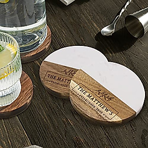 Custom Personalized Set of 4 Marble and Acacia Coasters for Drinks, Couples, Wedding Gift, New Home (Round Marble and Acacia)