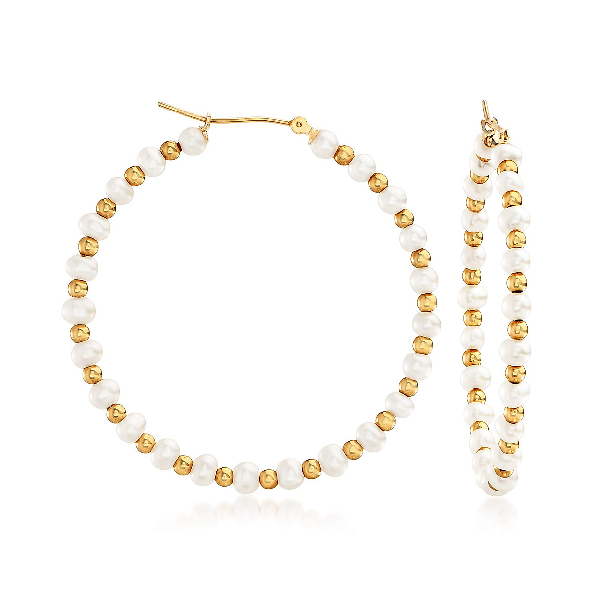 Ross-Simons 3-4mm Cultured Pearl Hoop Earrings in 14kt Yellow Gold