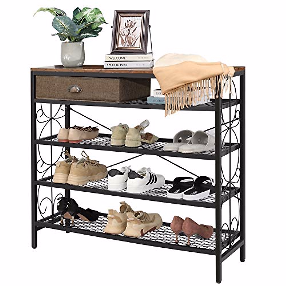 X-cosrack Shoe Rack, 4-Tier Shoe Rack Organizer Industrial Metal Closet wooden vertical Shoe Rack Storage Garage Shoe Stand for Closets Entryway Brown Black